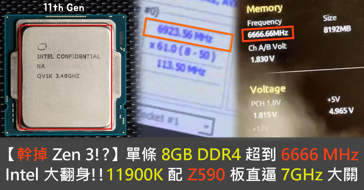 【幹掉 Zen 3!?】單條 8GB DDR4 超到 6666 MHz Intel 大翻身!! 11900K 配 Z590 板直逼 7GHz ...